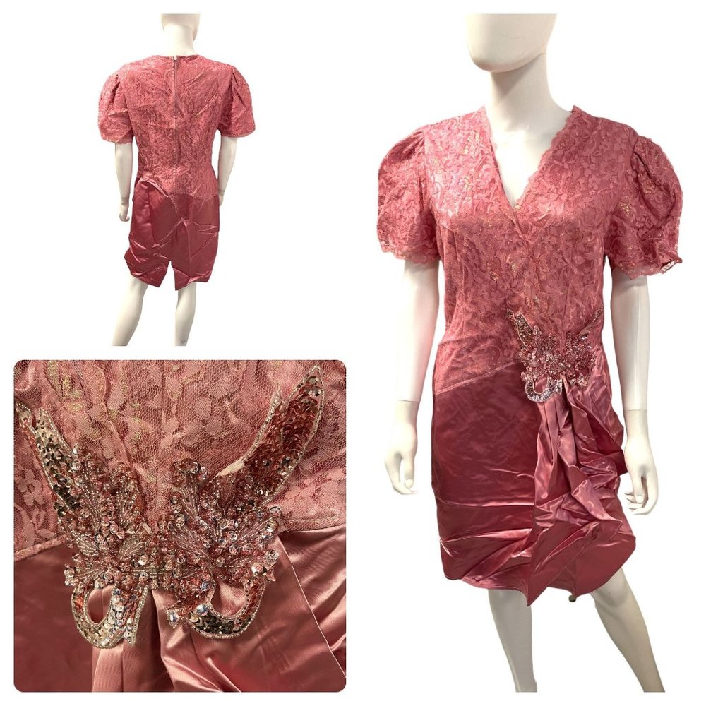 Vintage 1980s Classic Pretty In Pink Lace Satin Sequi… - Gem